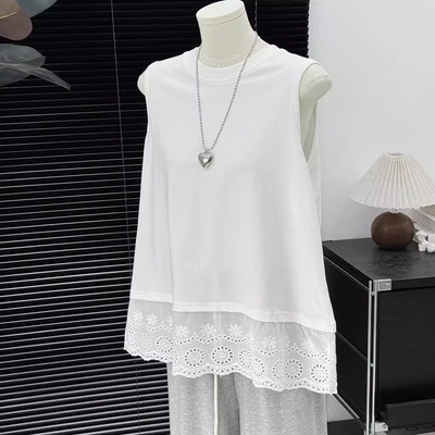 刺绣蕾丝白色棉背心冬款