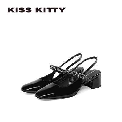 方头后空单鞋法式粗跟玛丽珍凉鞋