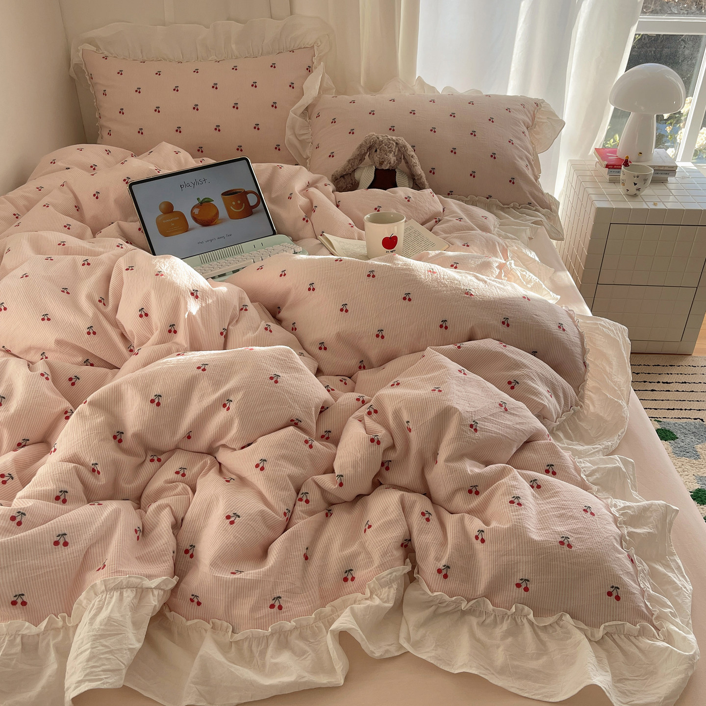 ins小清新韩式少女花边水洗棉提花小樱桃四件套全棉纯棉床上用品4