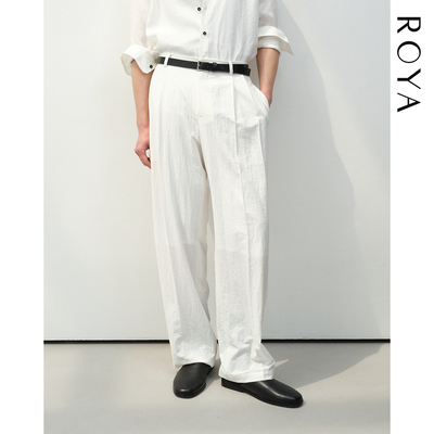 ROYA | 桑蚕丝混纺微皱肌理双褶休闲西裤云舞白直筒微阔夏款男裤