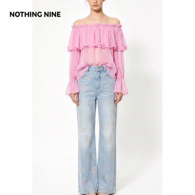 NOTHING NINE 云漪100%真丝荷叶边一字肩上衣