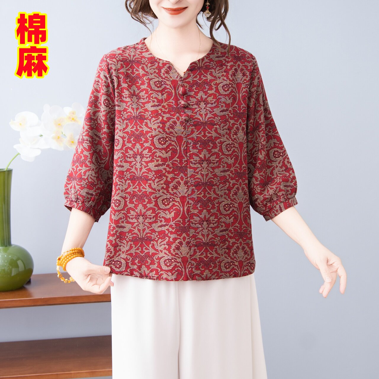 复古民族风棉麻上衣女士小衫妈妈七分袖宽松T恤遮肉显瘦碎花女装