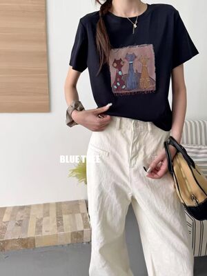 bluetree高品质打底衫女撞色卡通刺绣圆领短袖T恤2026夏季新款潮