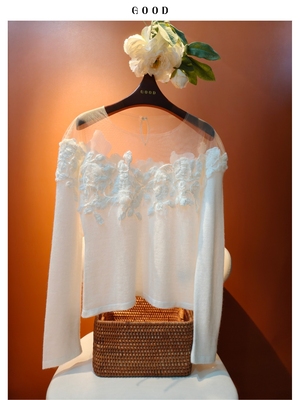 轻奢名媛浪漫上衣 30羊驼毛70羊毛透视网纱手工花朵珠片精致内搭A