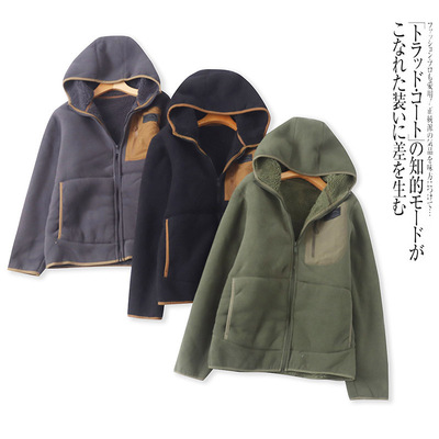 CC436时尚男士加绒外套冬季新款连帽拼色宽松加厚奥利绒休闲上衣