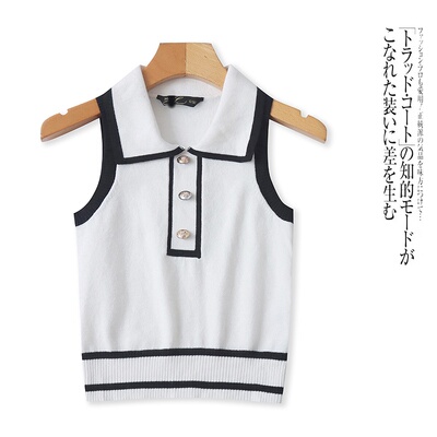 B9426外贸欧美单女士针织马甲春季新款翻领套头无袖拼色短款马夹