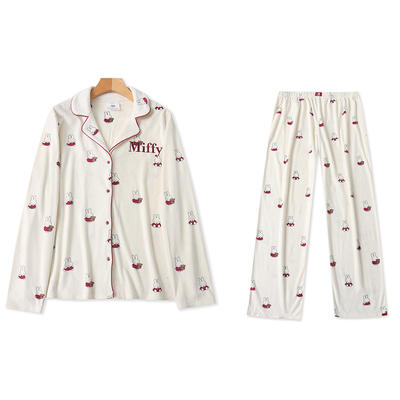 E7853外贸欧美女生绒面家居服套装双面绒卡通翻领睡衣松紧腰睡裤