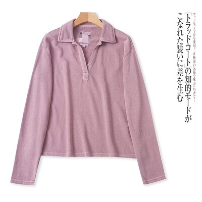 B1208外贸欧美女装长袖上衣春季新款翻V领套头宽松大码胖MMT恤衫