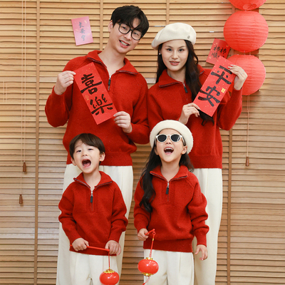 亲子装秋冬装红色毛衣一家三口潮