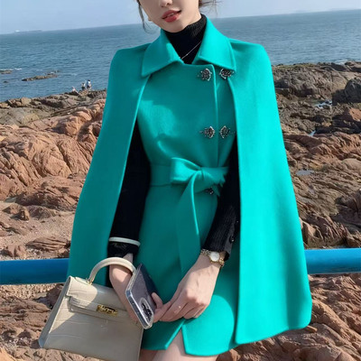 千金风斗篷毛呢外套女中长款收腰系带气质大衣