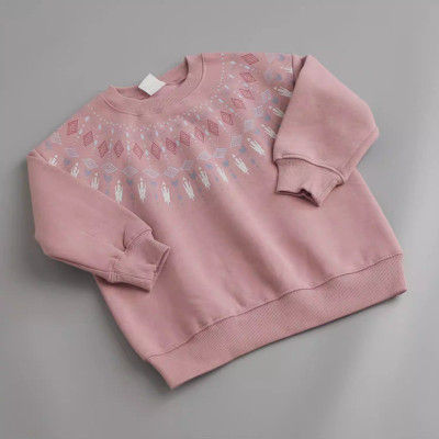 女童秋冬粉色项圈印花加绒保暖卫衣  儿童圆领宽松套头衫90--160