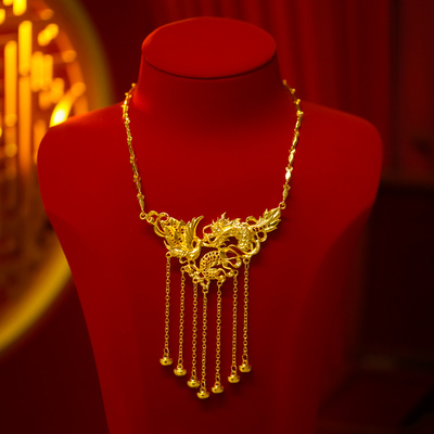 龙凤褂金色新娘项链中式秀禾服流苏龙凤呈祥颈链马面裙结婚配饰品