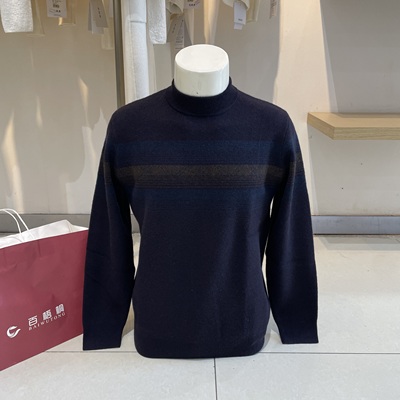 唐古拉男士加厚牛绒衫套头条纹时尚半高圆领羊毛衫毛衣实体店同步