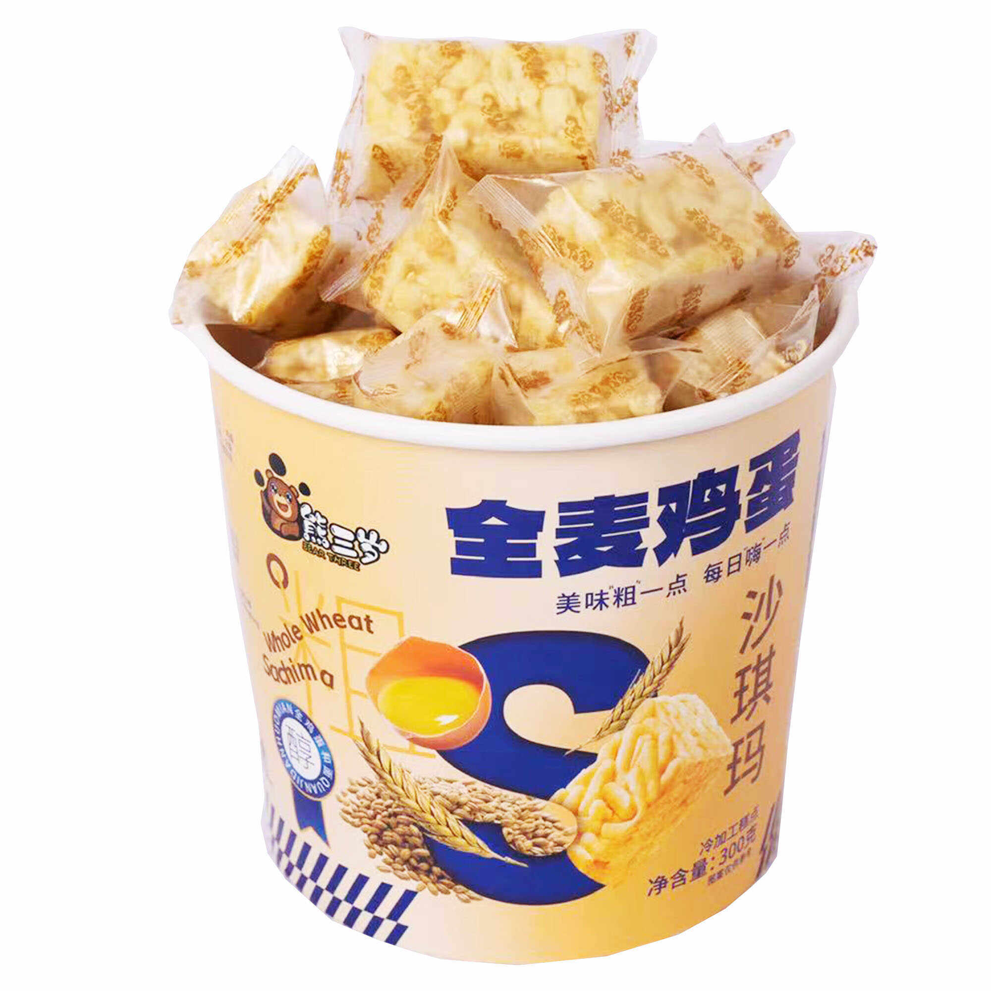 山东熊三岁全麦鸡蛋沙琪玛300克*1桶装独立包装开袋即食休闲零食