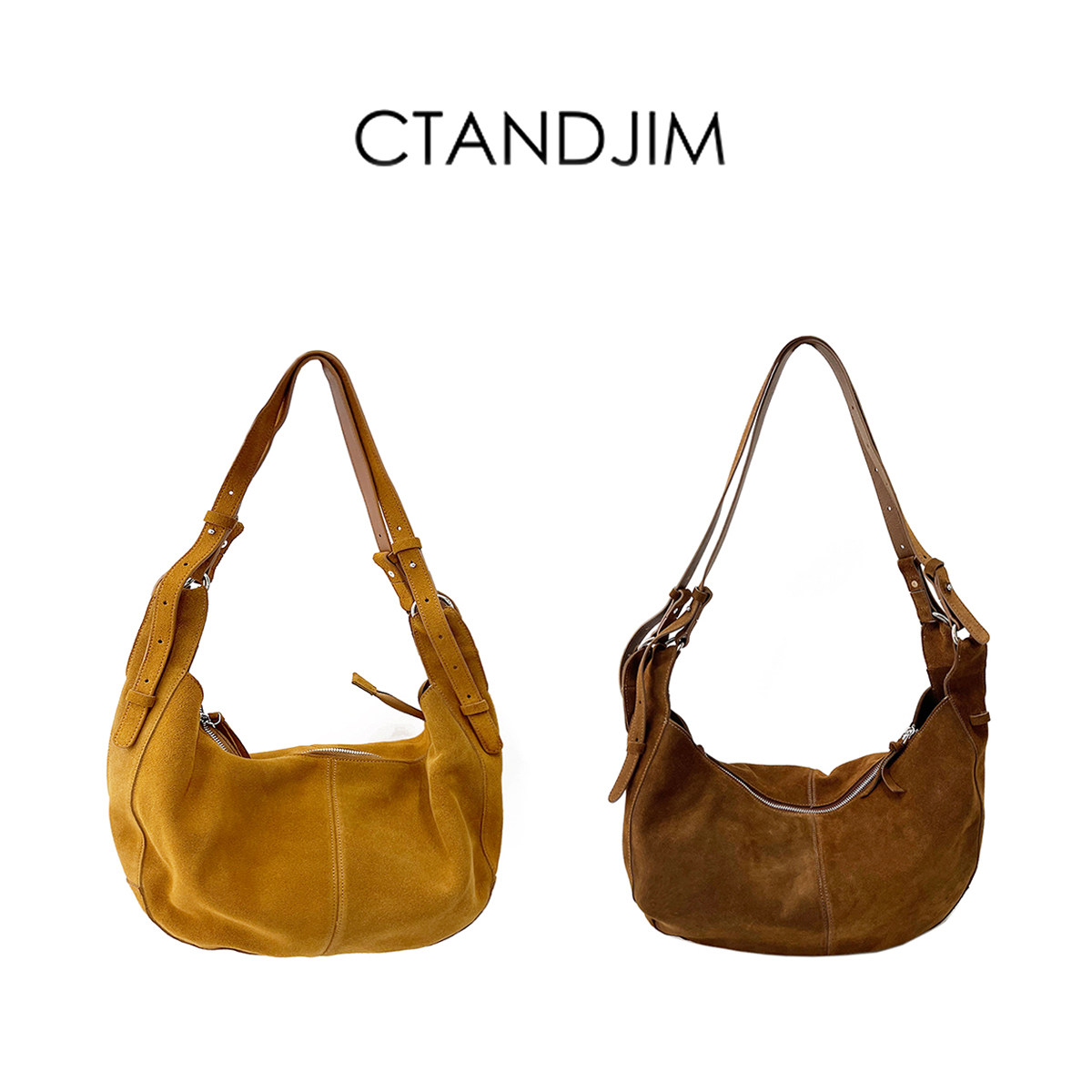 CTANDJIM free披浦麂皮双皮带设计 流浪包 牛角包 斜挎包 女包