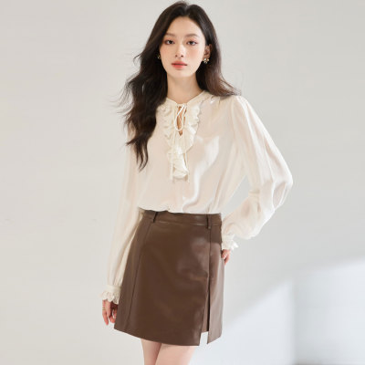 26春季法式荷叶边系带设计感V领白色衬衫泡泡袖浪漫天丝小衫25560