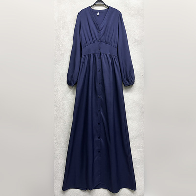 V领百搭长款单排扣连衣裙