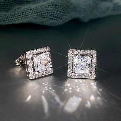 Luxury Princess Cut CZ Stud Earrings Silver Color