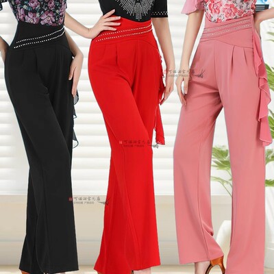 广场舞跳舞裤高腰烫钻飘带直筒吉特巴三步踩拉丁舞国标舞蹈长裤子