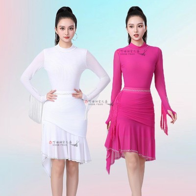 果果不不吉特巴舞蹈服装拉丁舞新款女上衣流苏烫钻连体长袖摩登舞