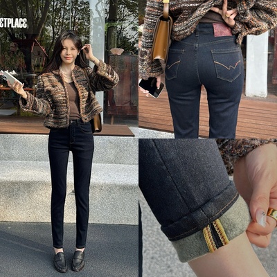 复古德绒加厚高腰紧身小脚牛仔裤