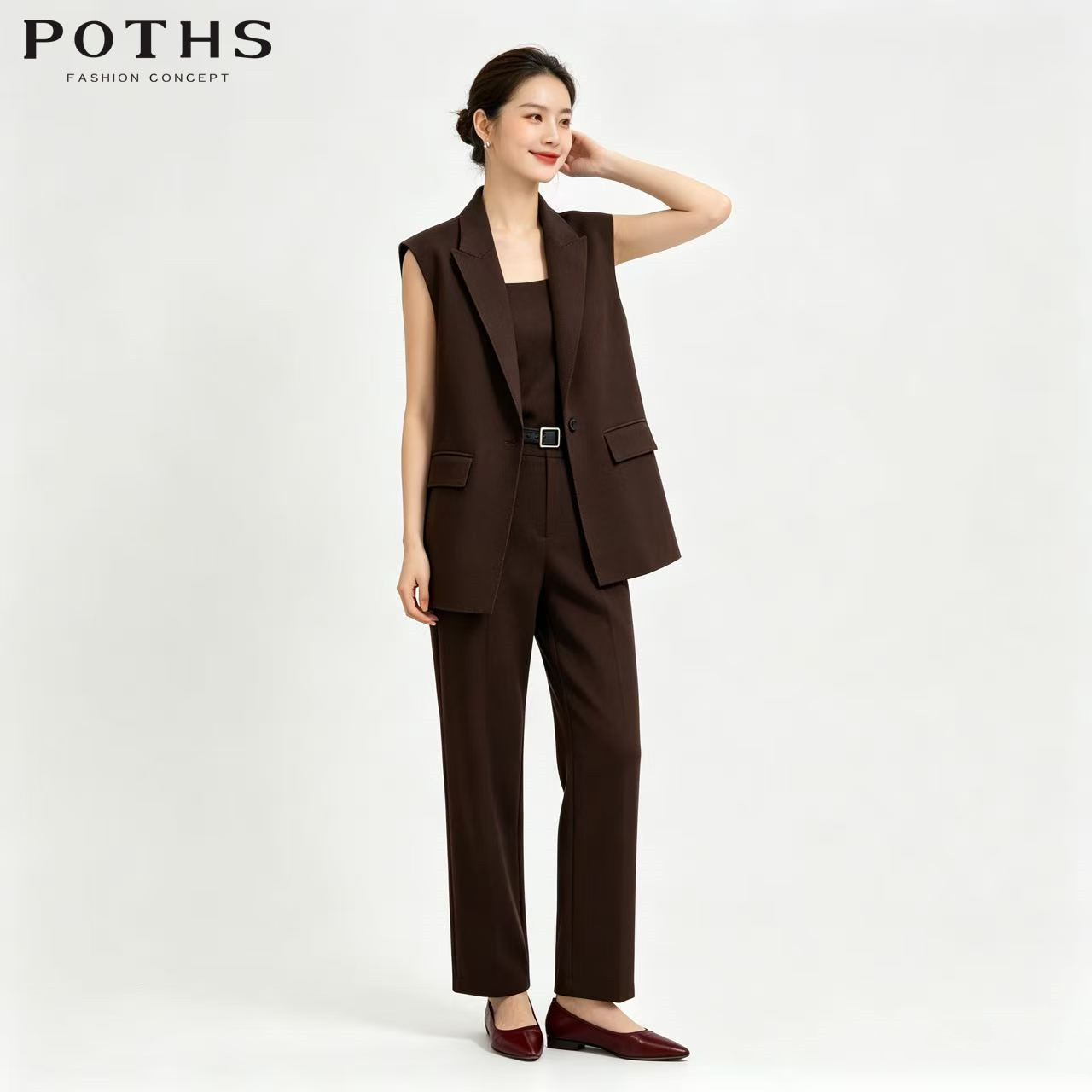 POTHS/铂玺2026秋老钱风西装领通勤气质轻熟优雅无袖马甲86640016