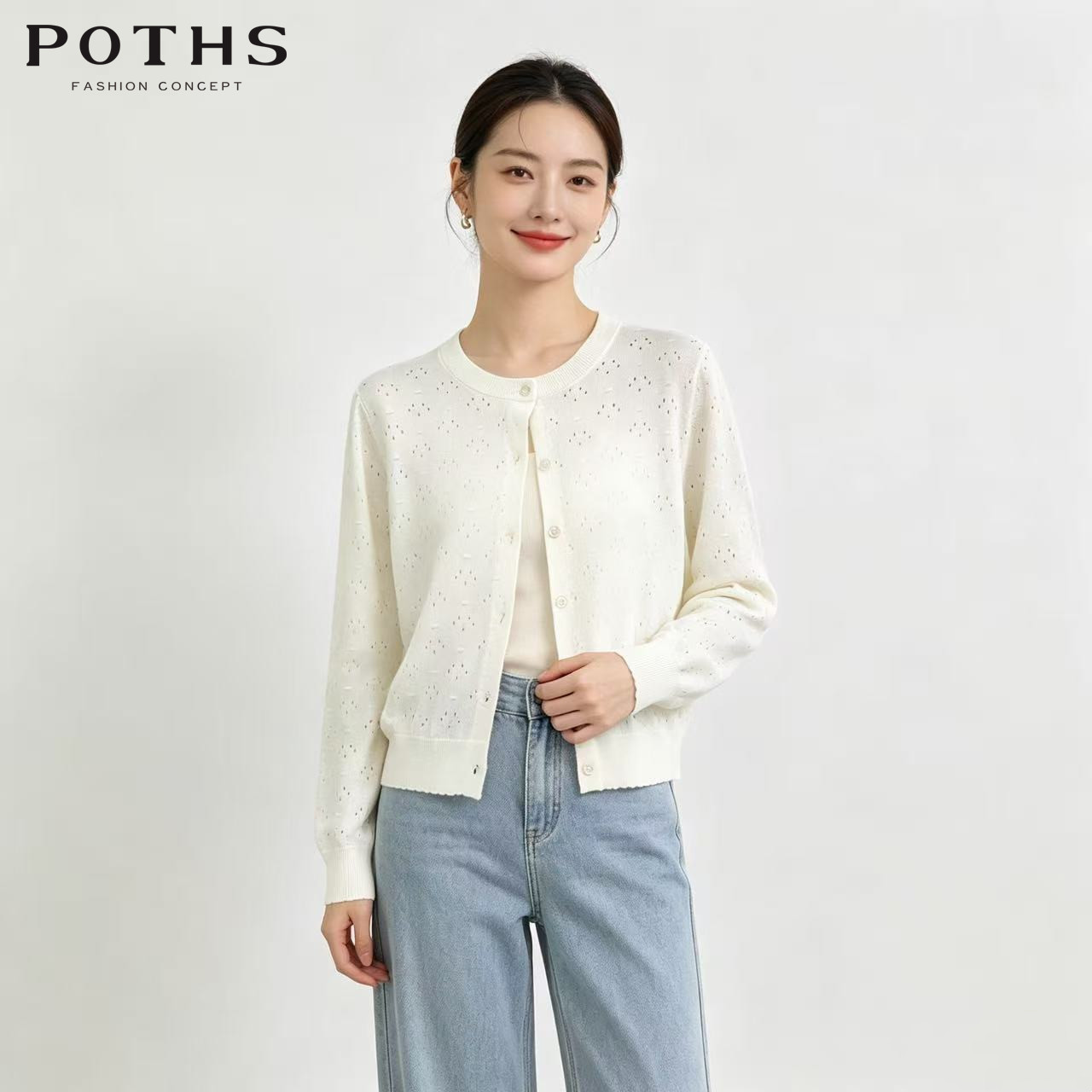 POTHS/铂玺2026秋季新款轻熟优雅圆领镂空百搭针织开衫女86606016