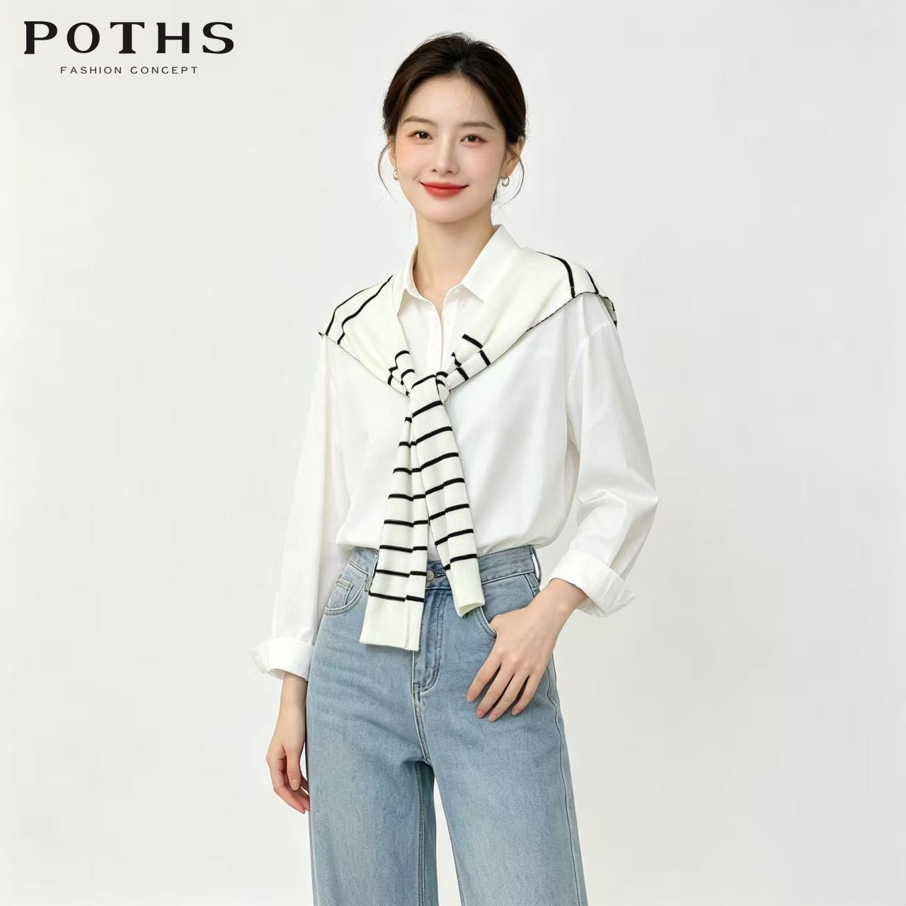 POTHS/铂玺2026秋新通勤白色长袖衬衫女条纹领带宽松上衣86630046