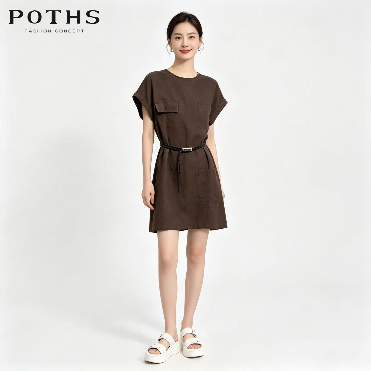 POTHS/铂玺2026简约短袖显瘦配腰带休闲中长款气质连衣裙86205258