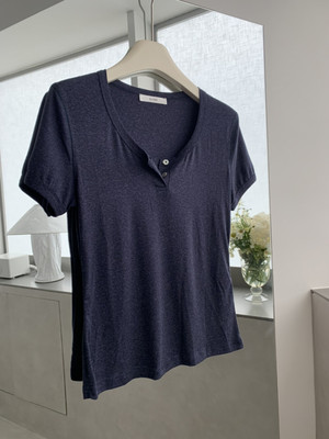 26夏韩版sliver圆领两粒扣做旧天丝羊毛深蓝色短袖T恤内搭TEE3041