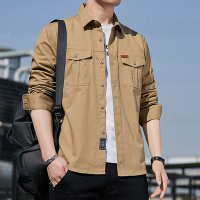 卡其色男士衬衫长袖休闲外穿
