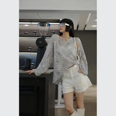 不对称领系带破坏感镂空针织衫 慵懒休闲上衣 Senseaweek