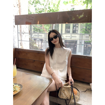 大小姐77进口亚麻棉博主感松弛好穿毛边时髦无袖休闲圆领显瘦背心
