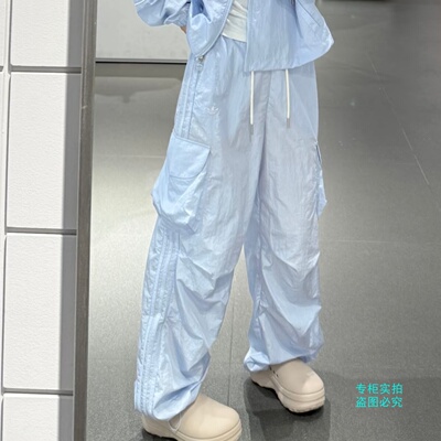 adidas三叶草女子三条杠刺绣速干透气宽松直筒长裤KT3059 KT3058
