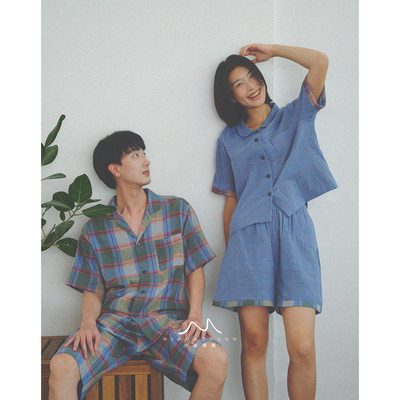 汀蓝格纹男女款色织纯棉纱睡衣套装复古情侣款家居服短袖短裤春夏