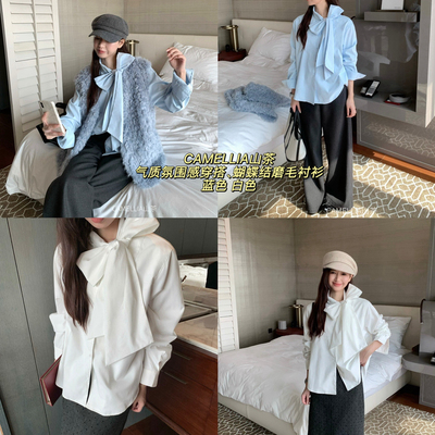 CAMELLIA山茶-冬上新法式复古蝴蝶结系带宽松长袖衬衫10506