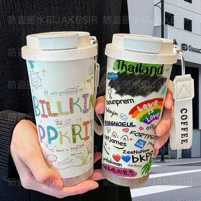 BKPP涂鸦他泰保温杯不锈钢学生高颜值吸管双饮大容量咖啡水杯