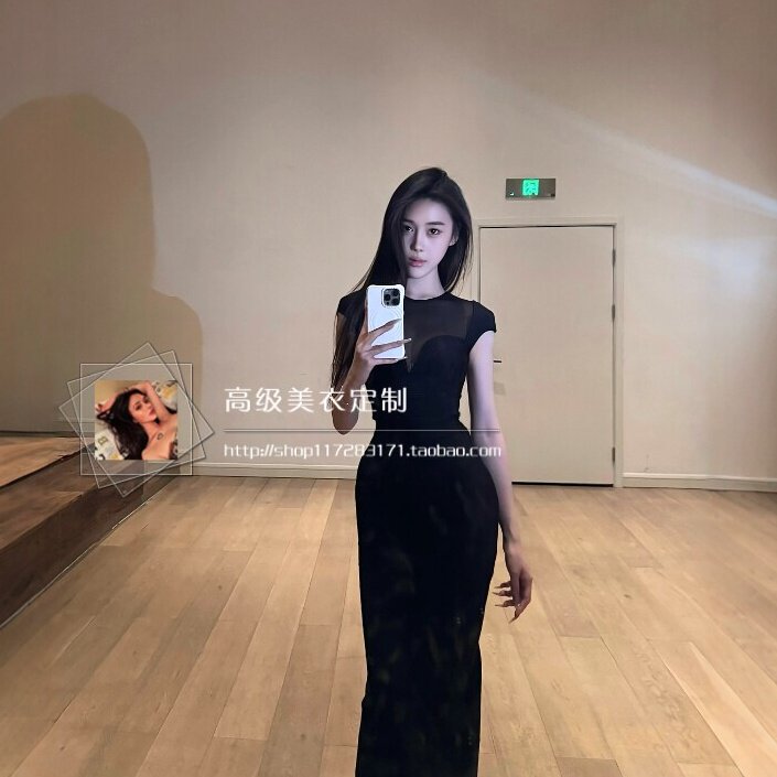 【黑色鸢尾】御姐高级感气质长款修身拼接网纱包臀显身材连衣裙女
