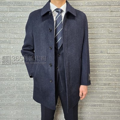 BASSO HOMME韩国代购25年冬季深蓝翻领单排扣羊毛混纺羽绒呢大衣