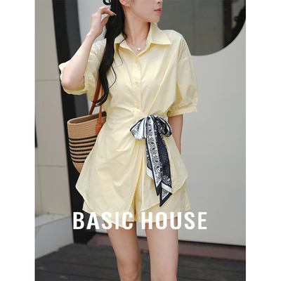 Basic House/百家好100棉丝带收腰衬衫今年流行的女装两件套装女