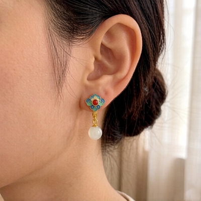 s925银镶和田玉 青海料6厘珠珐琅配南红耳扣耳坠耳饰花朵造型5344