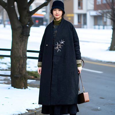 好穿保暖长款亚麻绣花棉衣袍子