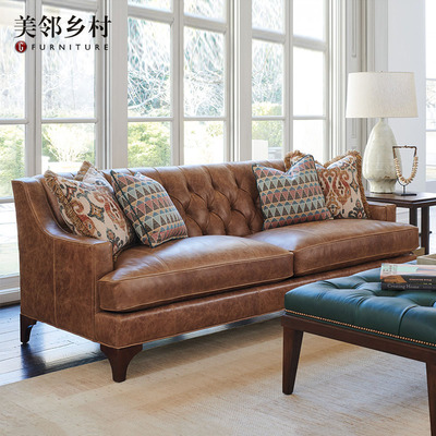 美式乡村全实木进口真皮沙发