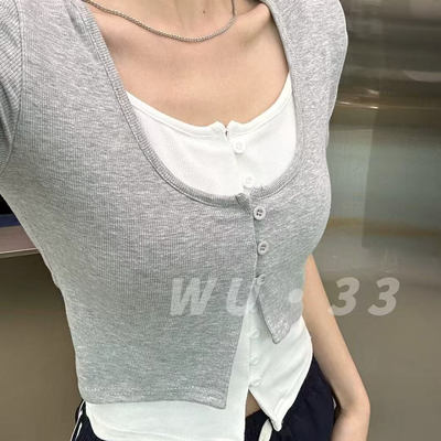 2025春新韩版wu33打底衫圆领排扣撞色设计感短袖T恤修身显瘦上衣