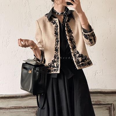 NeedShop1 2025新款卡其色定制款蕾丝拼接刺绣花边外套上衣女