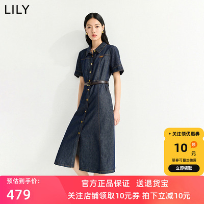 LILY2026夏新款女装含莱赛尔醋酸复古翻领收腰工装牛仔短袖连衣裙