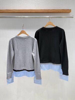 韩国东大门2026春新品INTRO时尚百搭拼接条纹圆领假二件毛衣开衫