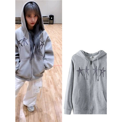 LESSERAFIM宫胁咲良同款春秋冬男女宽松套头棉质加绒卫衣拉链外套