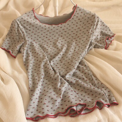 短袖小碎花适中木耳边莫代尔女