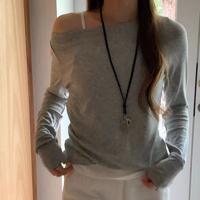 长袖气质百搭韩国代购一字领T恤